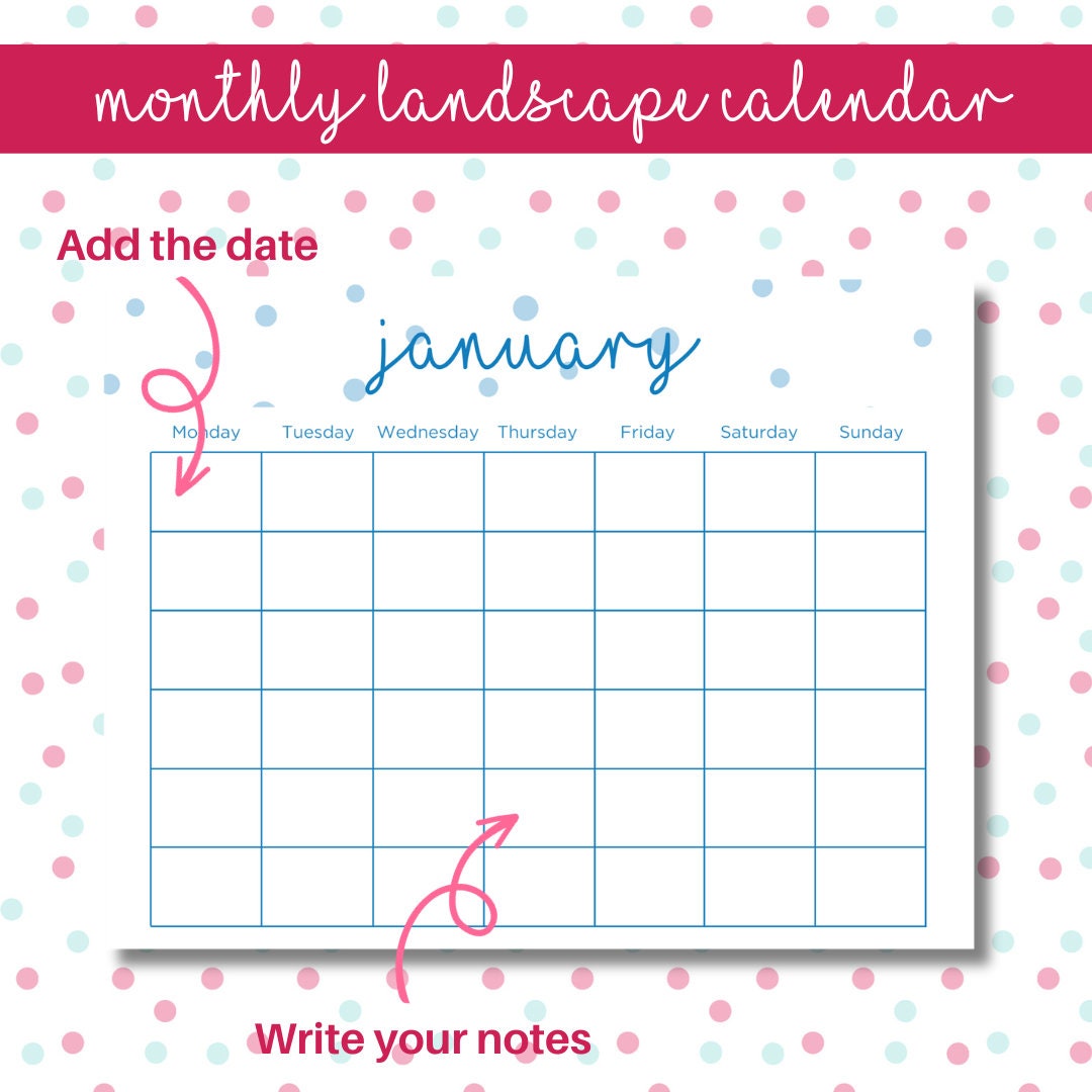 Printable Colourful Monthly Blank Calendar, Simple 2023 Landscape ...