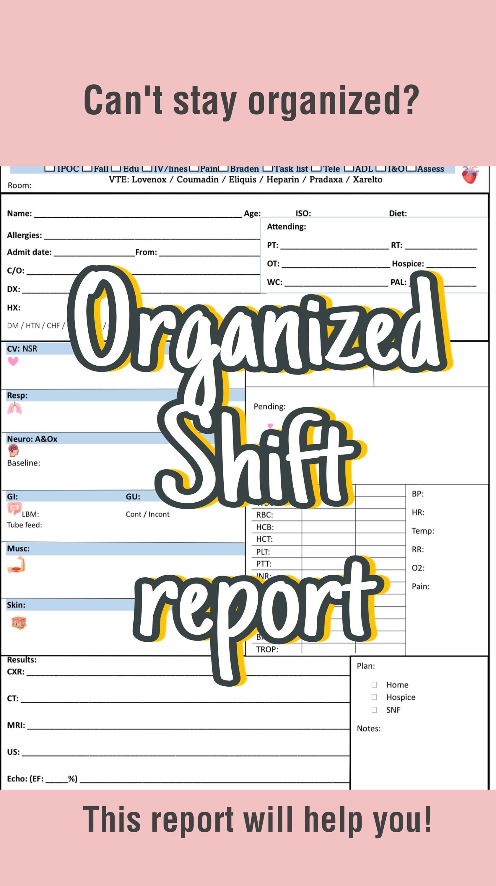 Nurse Report Sheet, Shift Report, Med Surg, Telemetry, New Grads ...