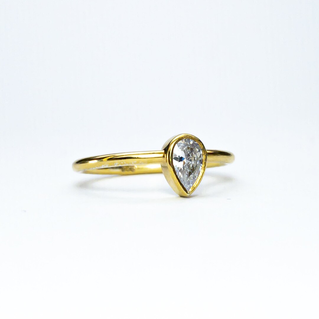 14K Gold Teardrop Solitaire Stackable Ring, Refined Minimalist Elegance ...