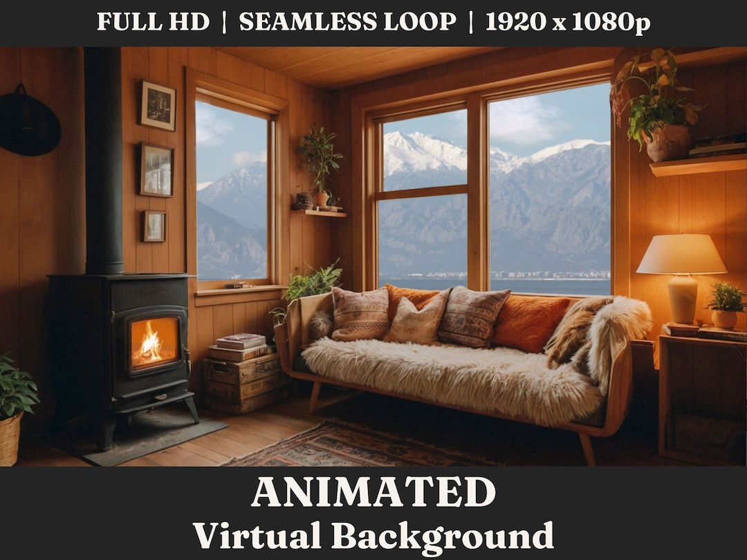 ANIMATED Retro Boho Cabin With Warm Fireplace, Streaming Background ...