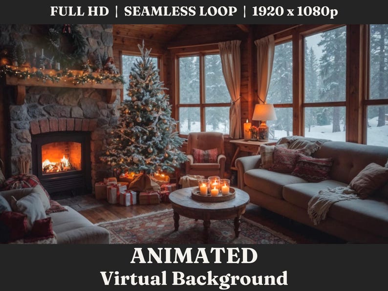 ANIMATED Cozy Christmas Cabin Background Video, Holiday Zoom Background ...