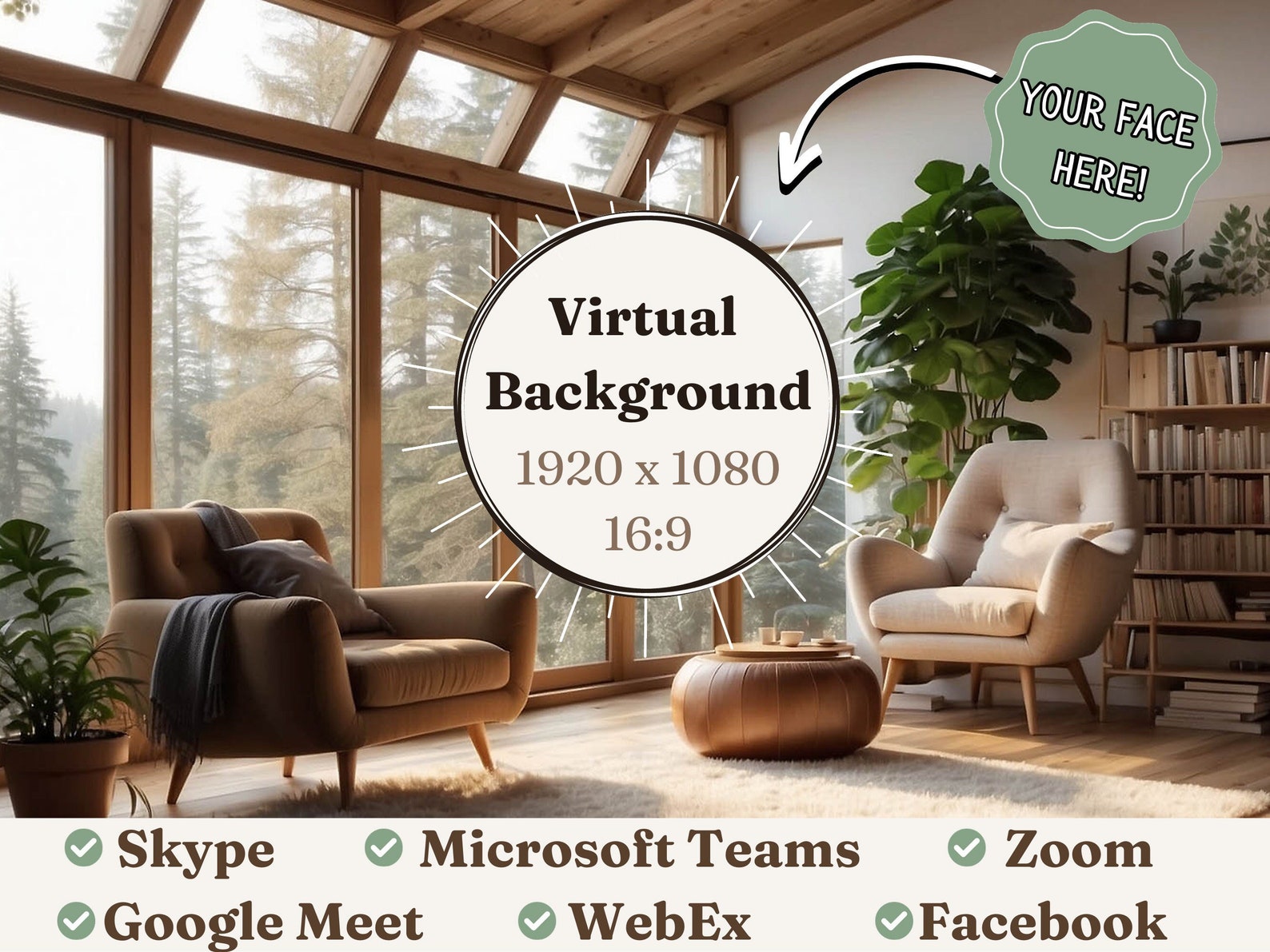 Virtual Background - Cozy Bright Den | HD Quality | Personalize Your ...