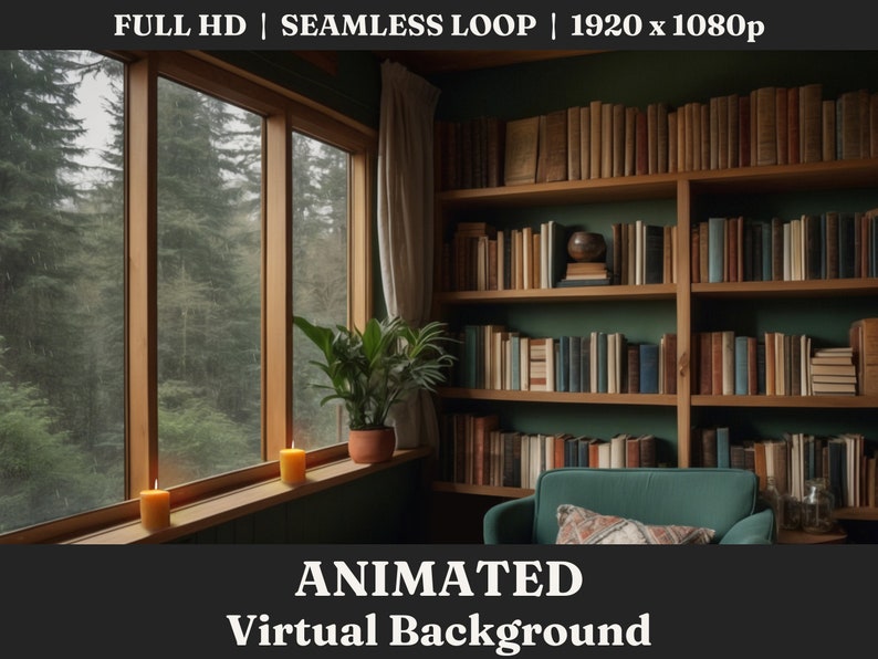 ANIMATED Cozy Rainy Library Background Video, Streaming Background Loop ...