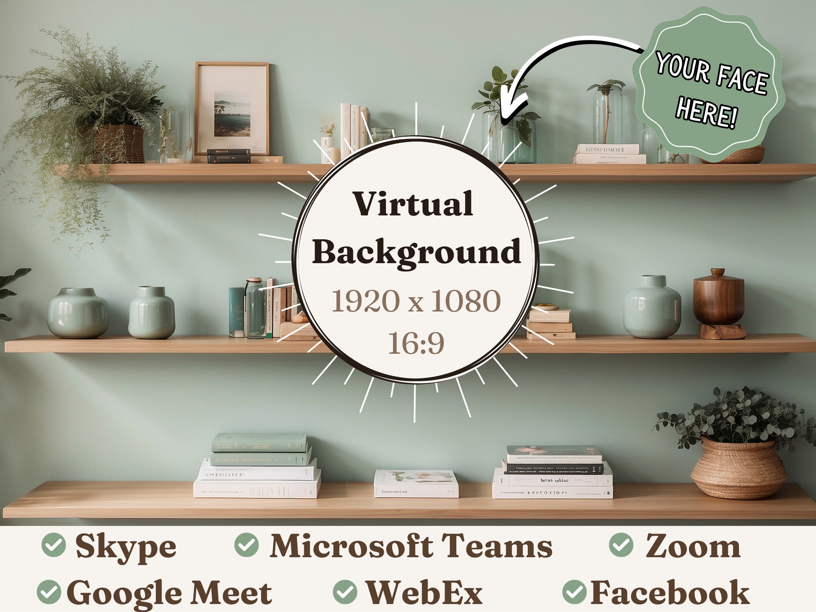 Mint Office Shelf Virtual Background HD Quality Personalize Your Video ...