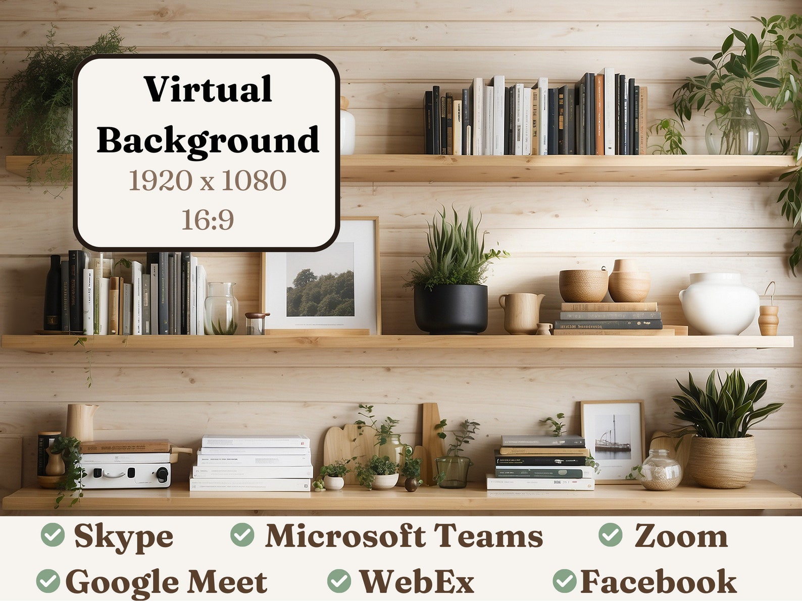 Virtual Background - Scandi Wood Shelf | HD Quality | Personalize Your ...