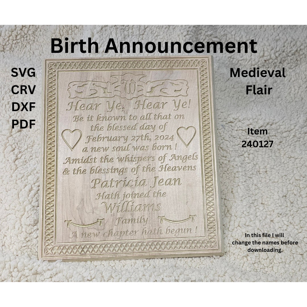 Personalized Birth Announcement-medieval Themed-digital Files-cnc ...