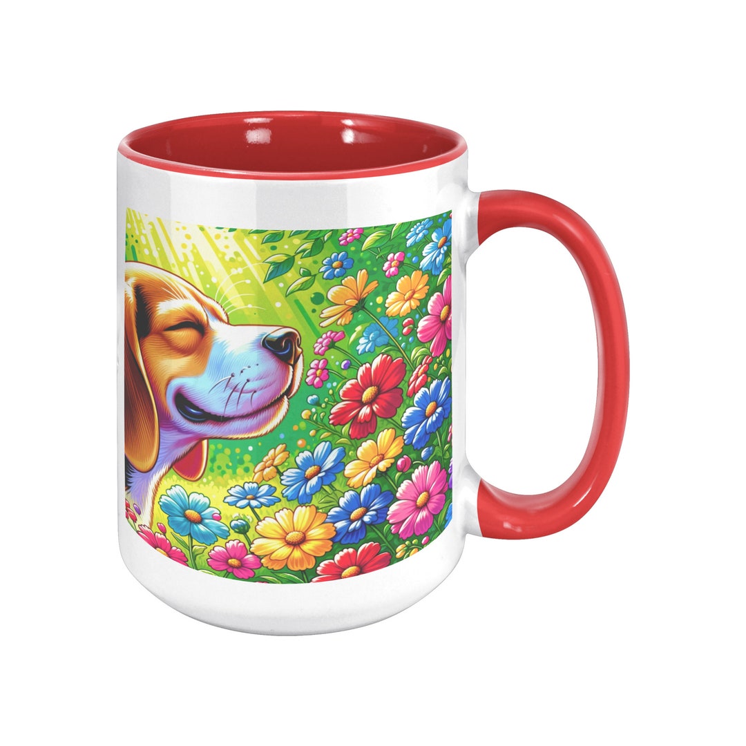 Beagle Smelling Flowers Mug, Colorful Valentine Gifts, Flower Mugs, Dog ...