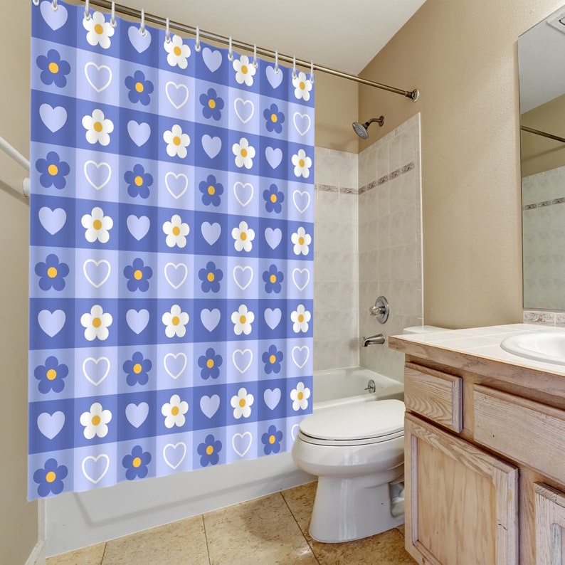 Purple Checkered Shower Curtains Flower Checkered Bathroom - Etsy