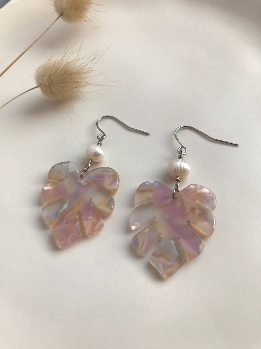 Monstera Leaf Dangle & Drop Earrings/ Cream Beige Pinky Purple - Etsy