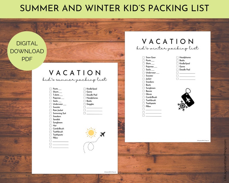 Kid's Packing List for Vacation, Travel Packing List Printable, Camping ...
