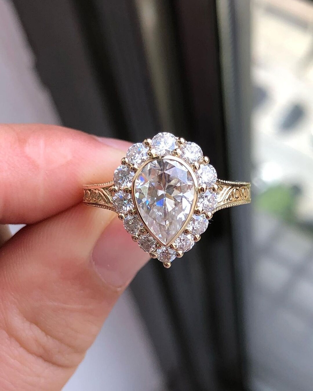 14k Solid Gold Pear Shape Halo Engagement Ring Vintage Style Filigree ...