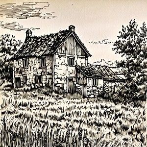 Rustic Country Landscape Drawing Vintage Sketch, Pen & Ink Decor ...