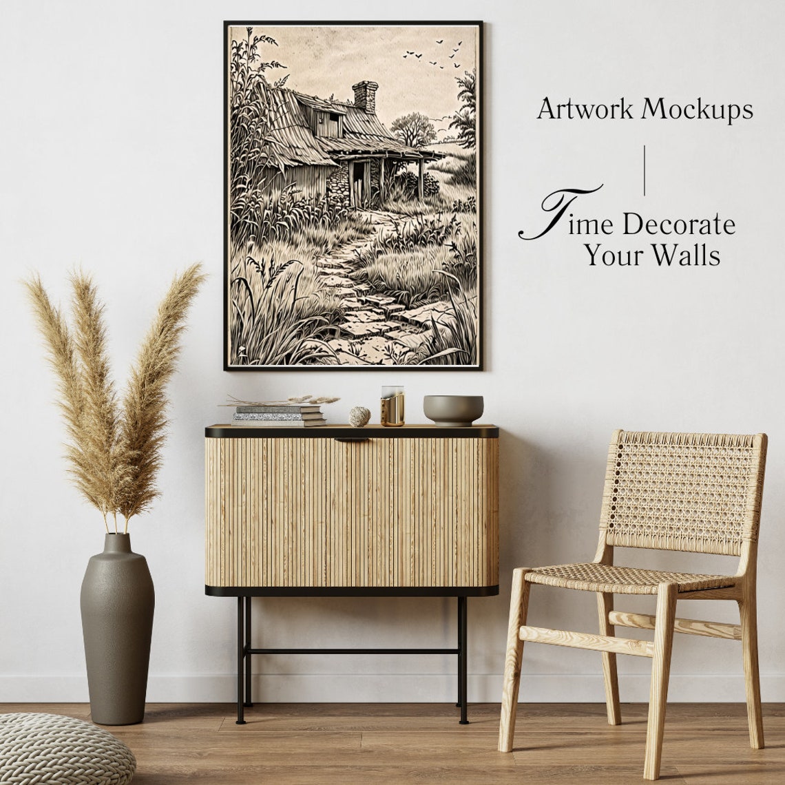 Rustic Country Landscape Drawing Vintage Sketch, Pen & Ink Decor ...