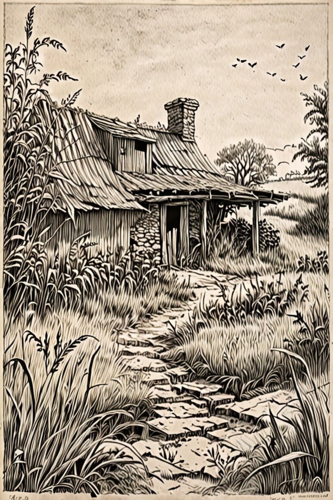 Rustic Country Landscape Drawing Vintage Sketch, Pen & Ink Decor ...