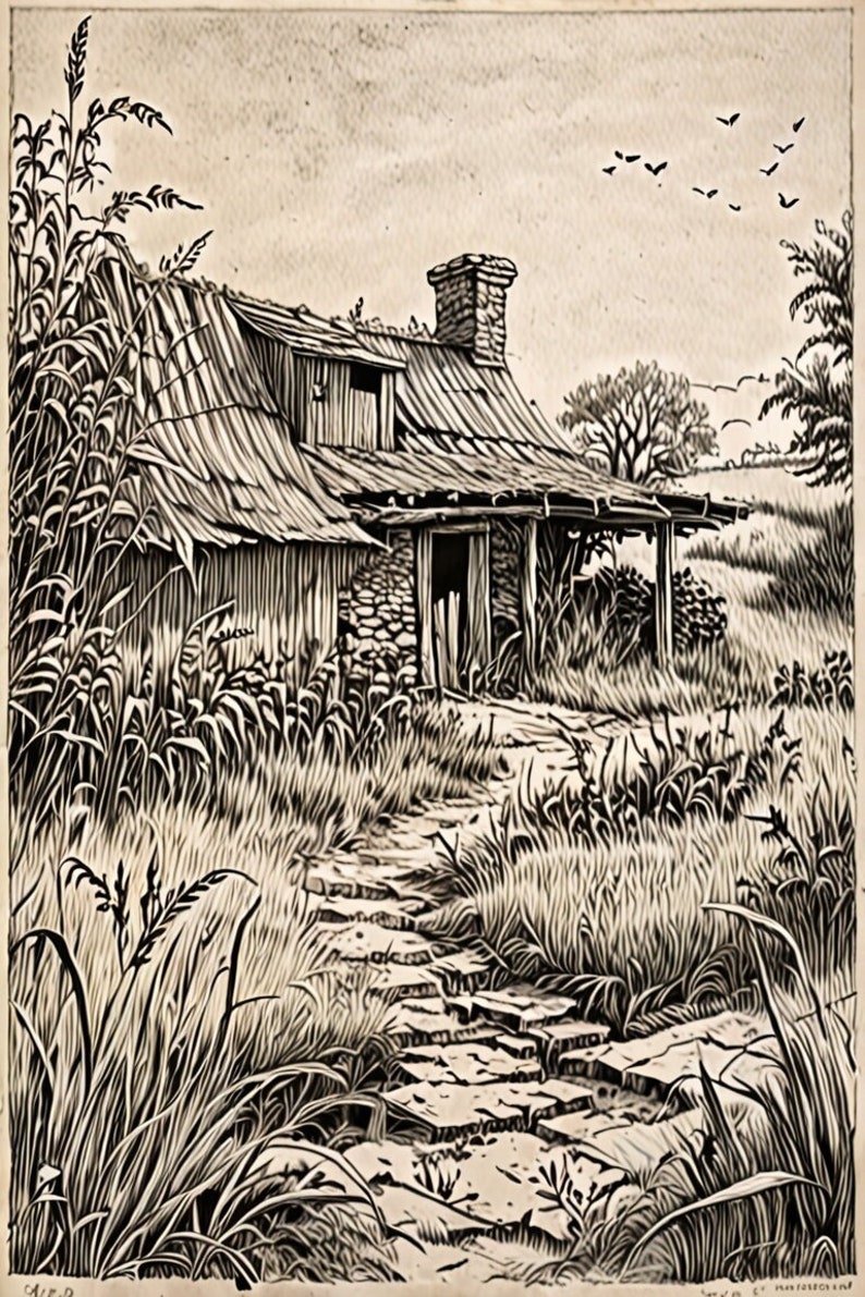 Rustic Country Landscape Drawing Vintage Sketch, Pen & Ink Decor ...
