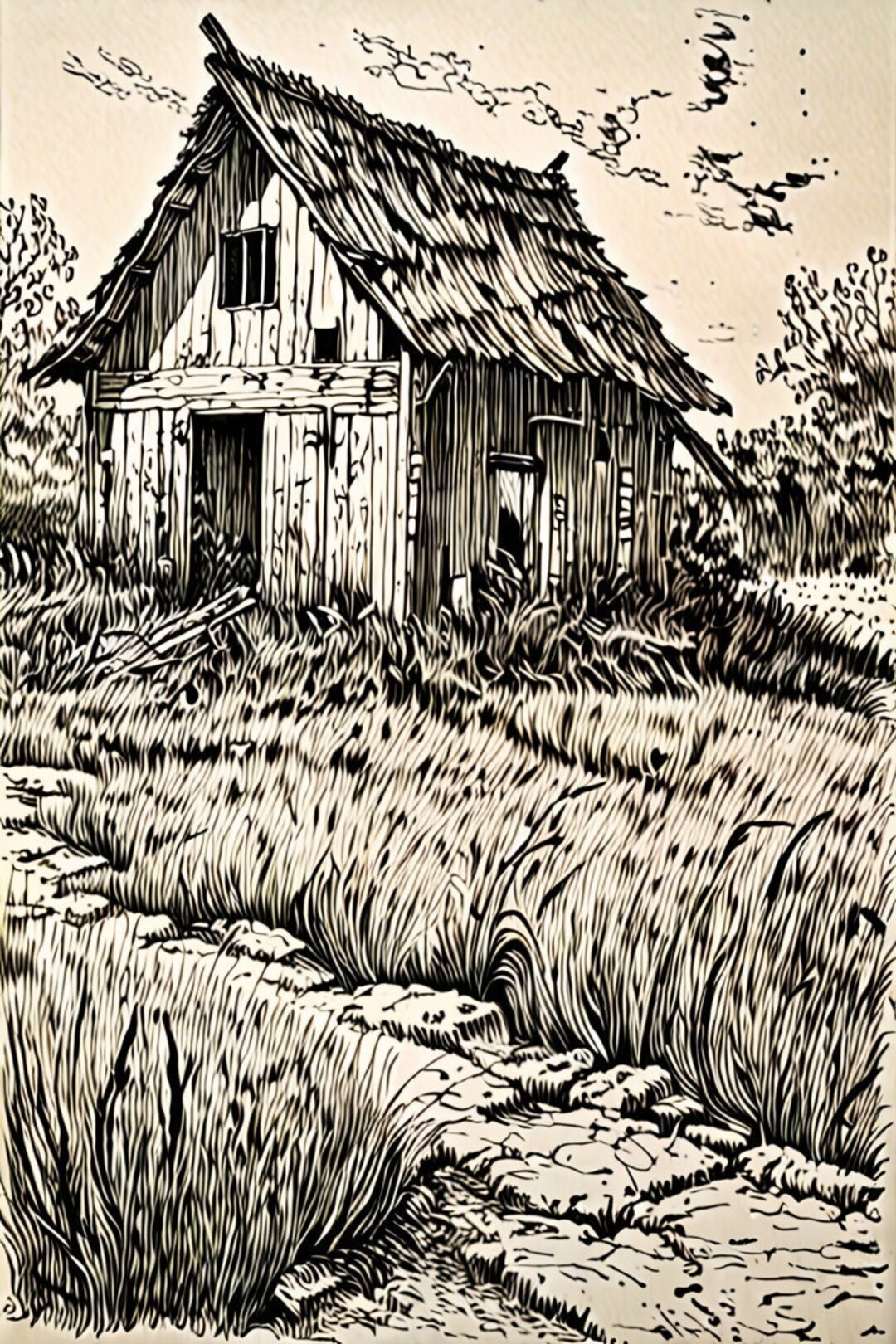 Rustic Country Landscape Drawing Vintage Sketch, Pen & Ink Decor ...