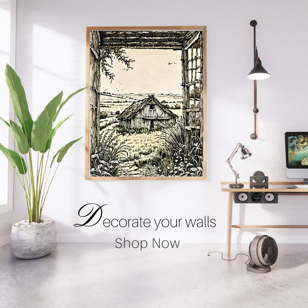 Rustic Country Landscape Drawing Vintage Sketch, Pen & Ink Decor ...