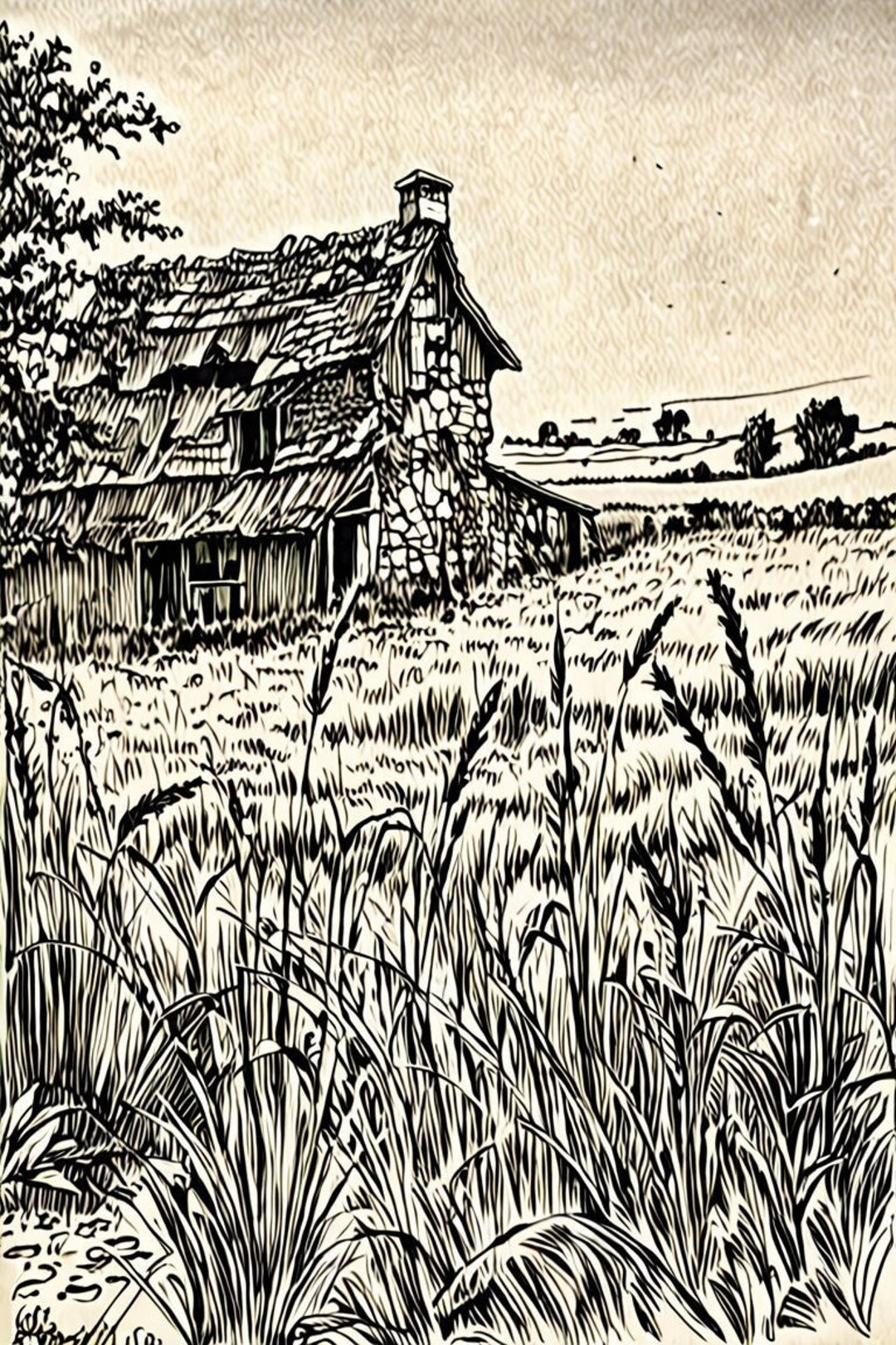 Rustic Country Landscape Drawing Vintage Sketch, Pen & Ink Decor ...