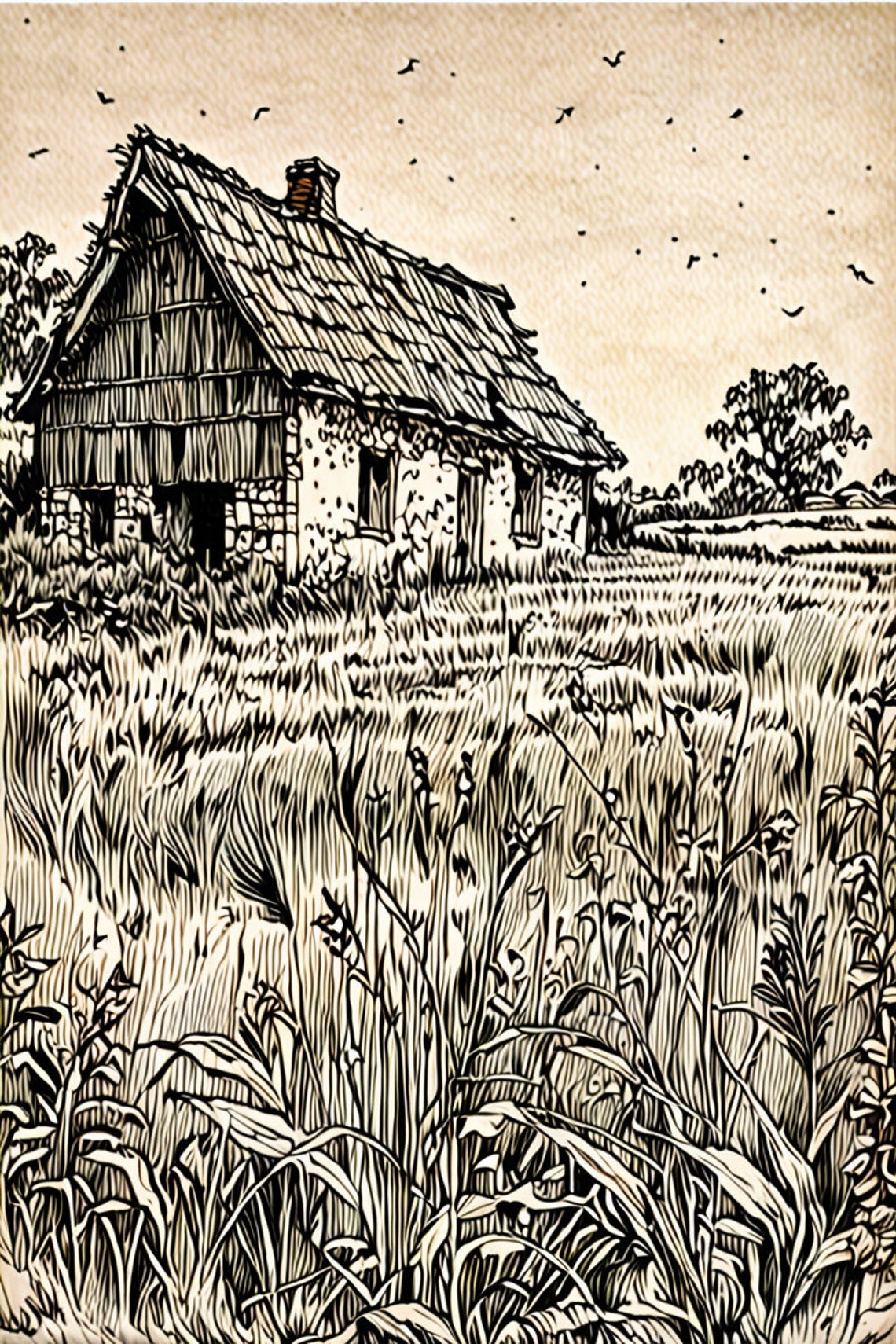 Rustic Country Landscape Drawing Vintage Sketch, Pen & Ink Decor ...