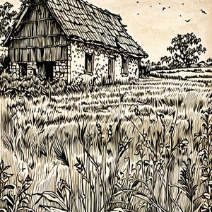 Rustic Country Landscape Drawing Vintage Sketch, Pen & Ink Decor ...