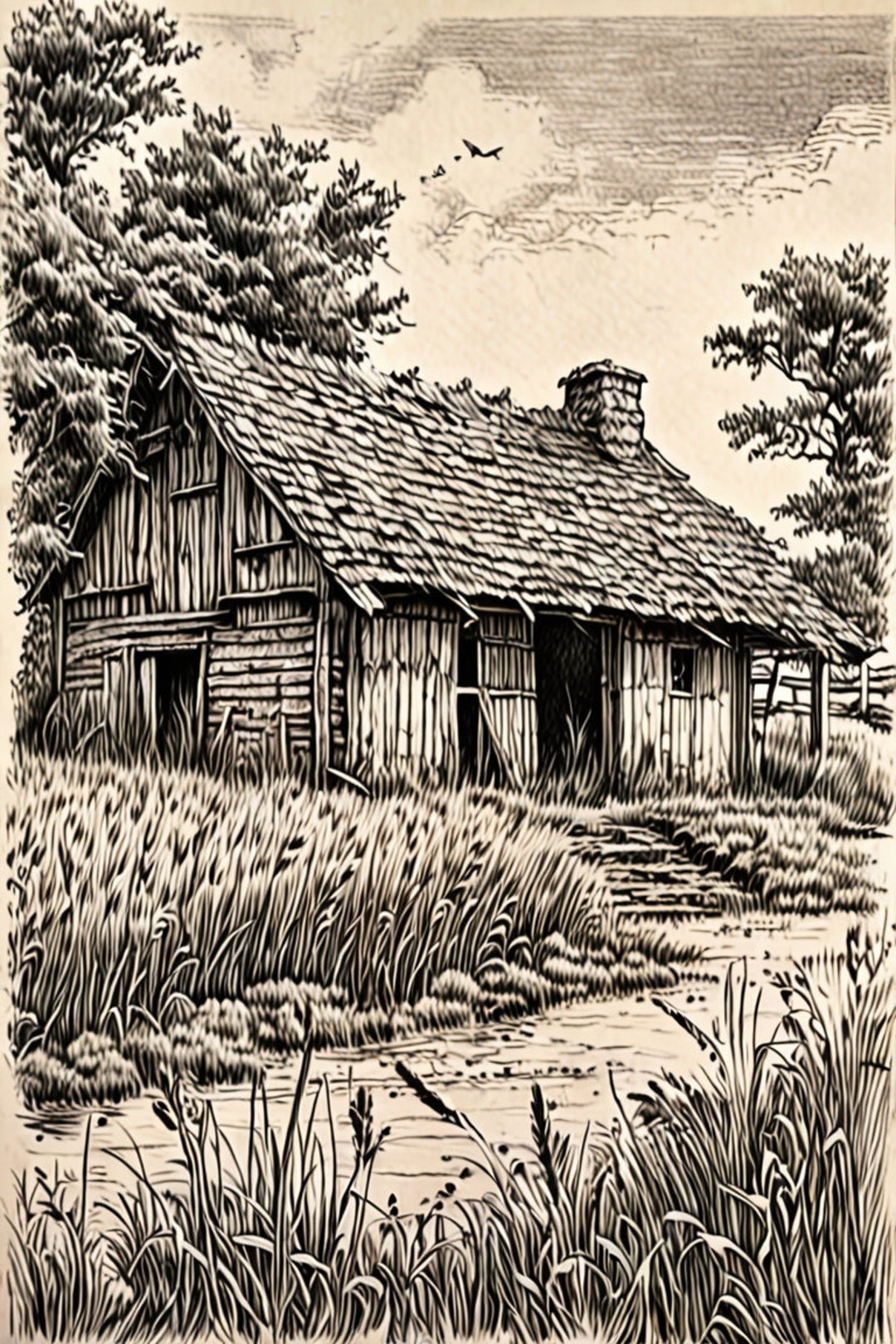 Rustic Country Landscape Drawing Vintage Sketch, Pen & Ink Decor ...