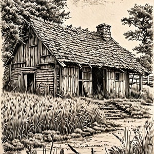 Rustic Country Landscape Drawing Vintage Sketch, Pen & Ink Decor ...