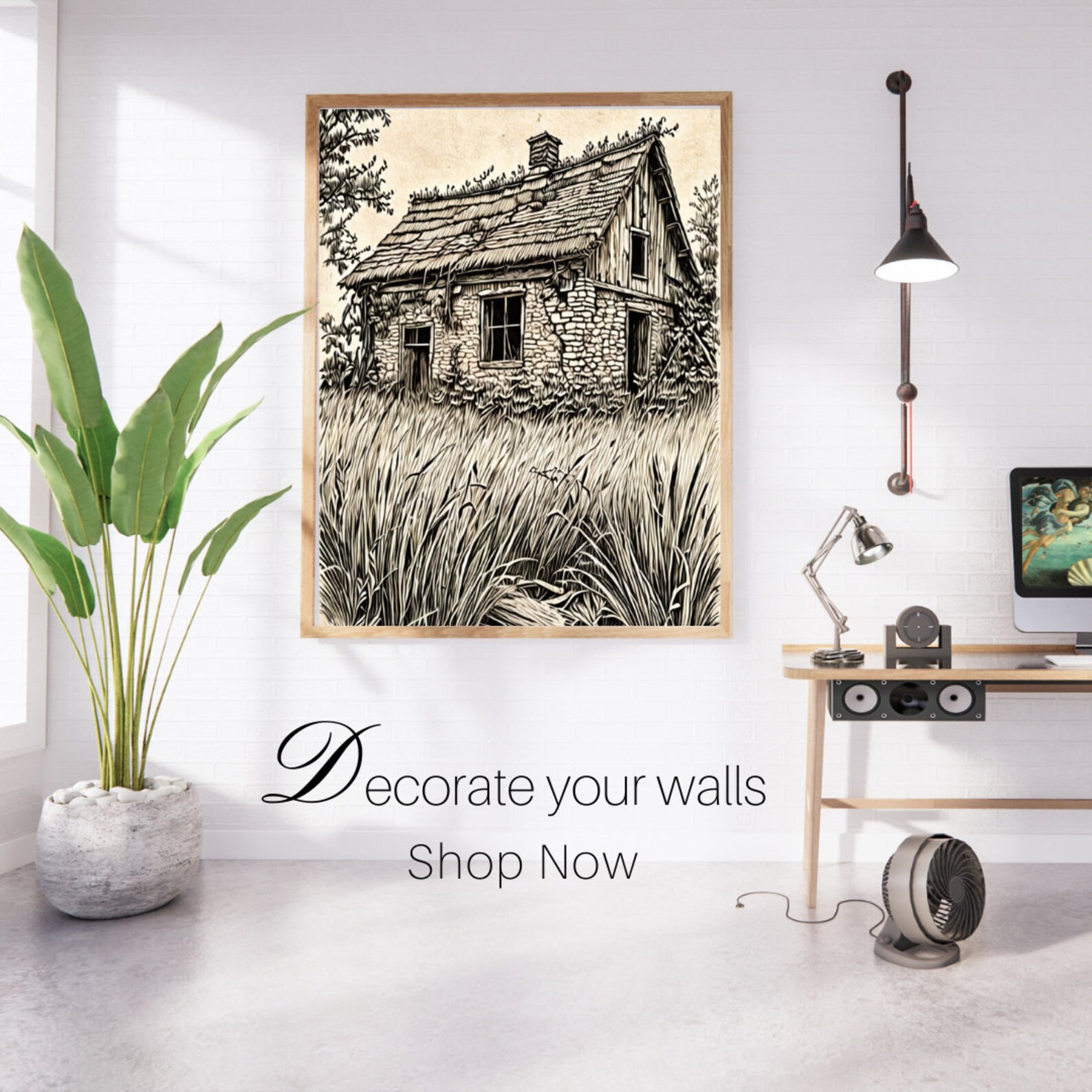 Rustic Country Landscape Drawing Vintage Sketch, Pen & Ink Decor ...