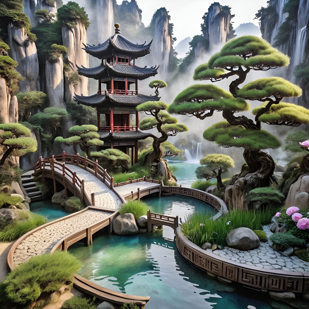 Delicate Chinese Zen Garden, Modern European Ink Painting, Airbrusch ...
