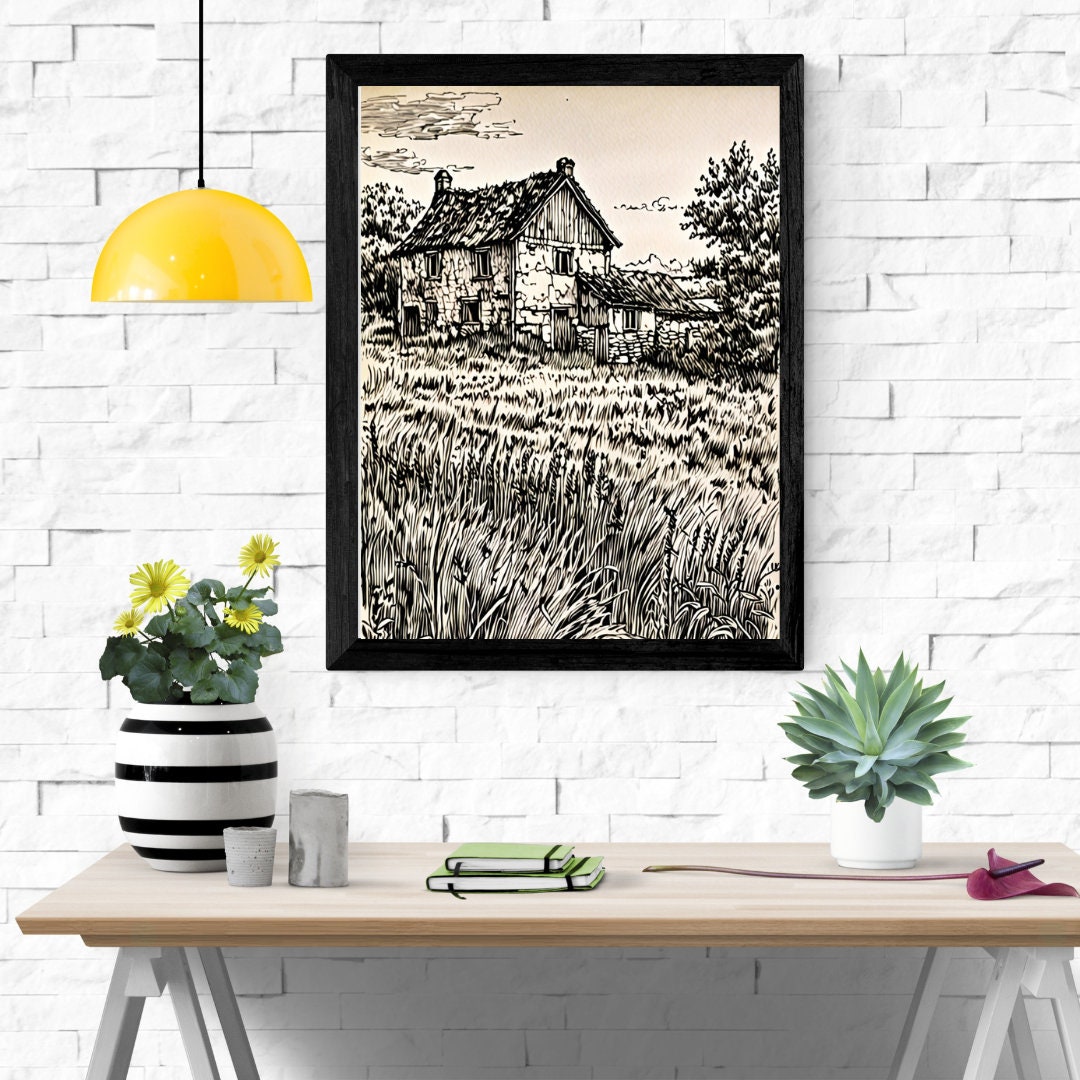 Rustic Country Landscape Drawing Vintage Sketch, Pen & Ink Decor ...