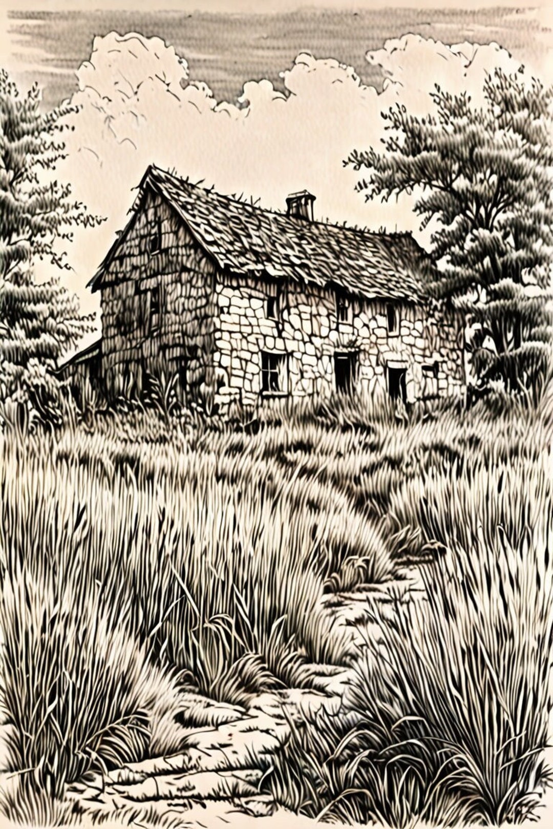 Rustic Country Landscape Drawing Vintage Sketch, Pen & Ink Decor ...