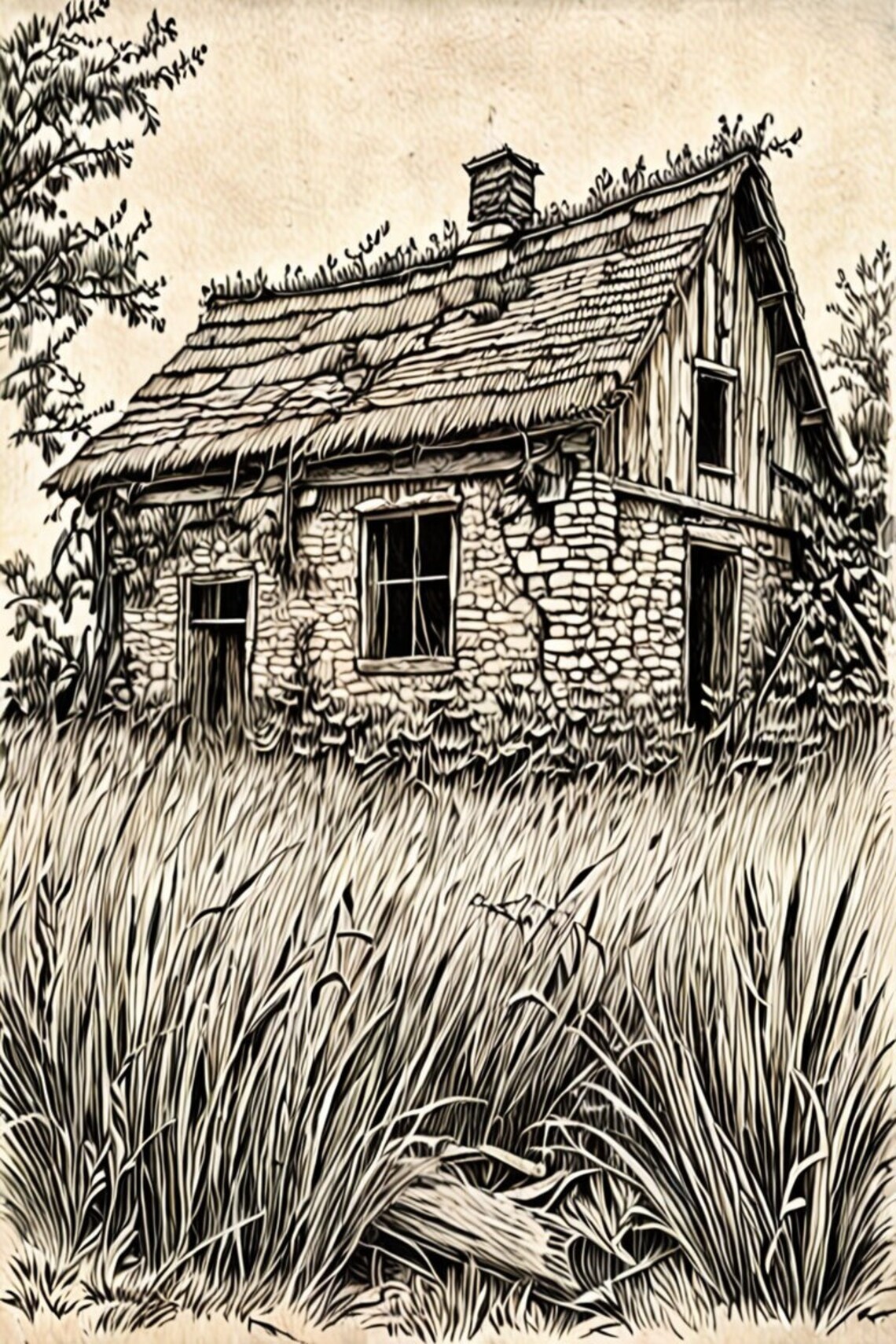 Rustic Country Landscape Drawing Vintage Sketch, Pen & Ink Decor ...