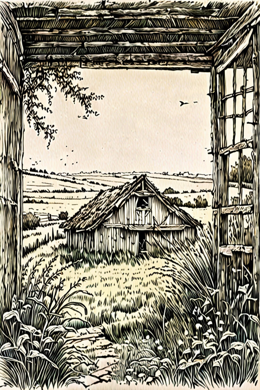 Rustic Country Landscape Drawing Vintage Sketch, Pen & Ink Decor ...