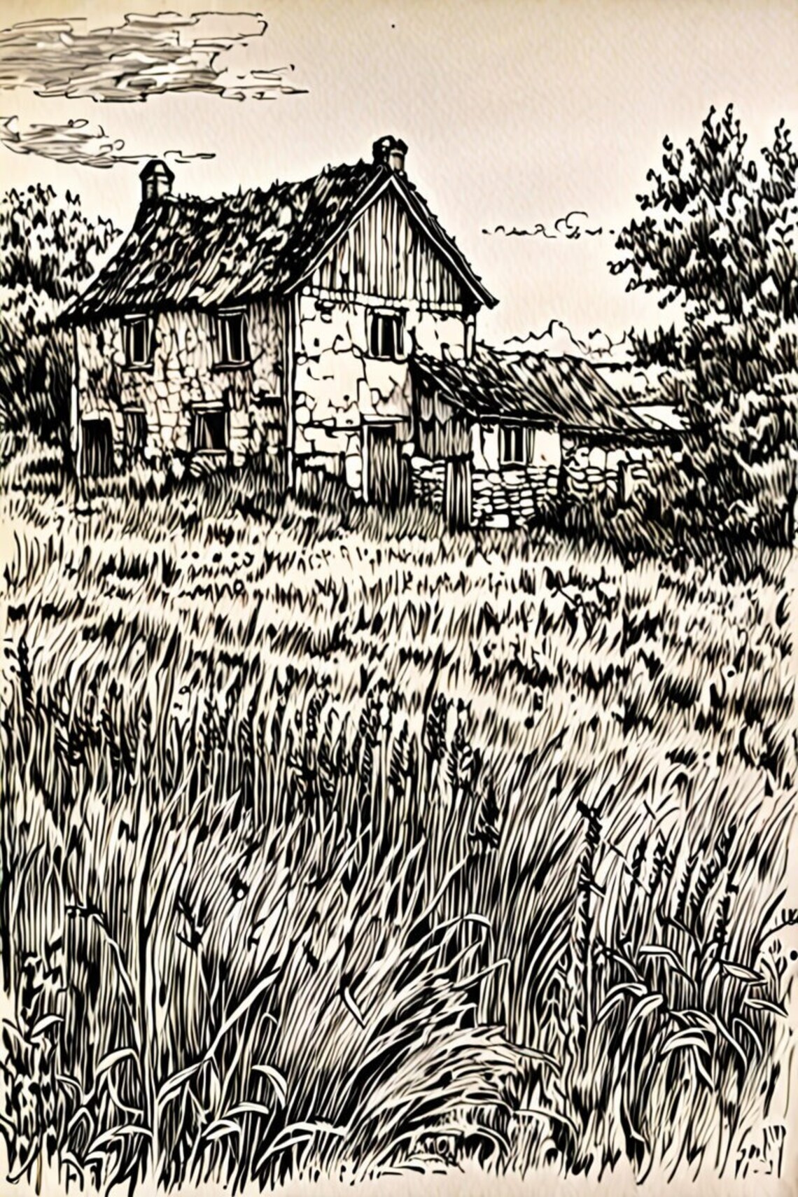 Rustic Country Landscape Drawing Vintage Sketch, Pen & Ink Decor ...