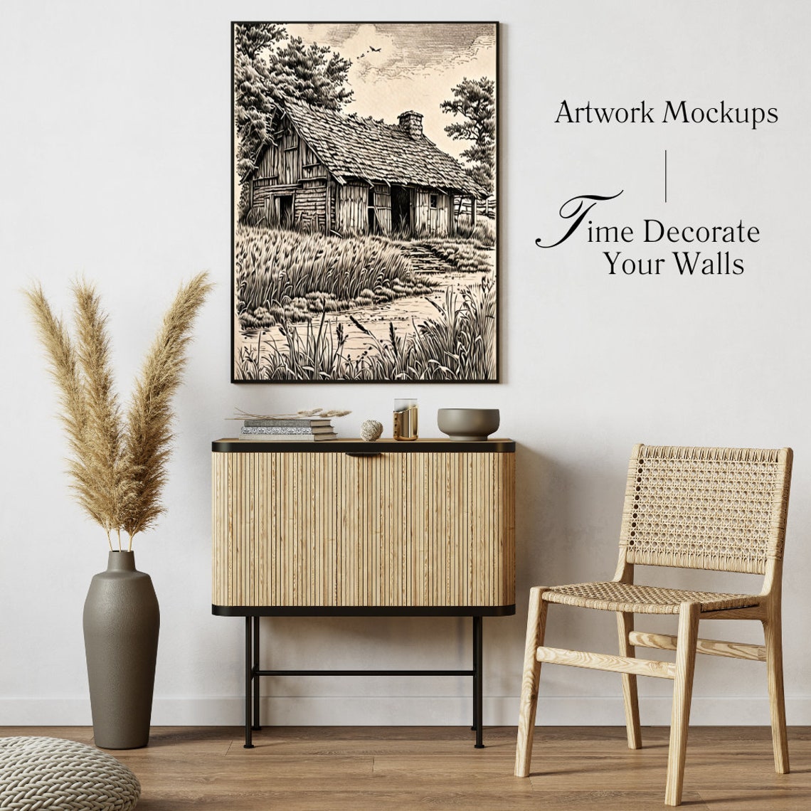 Rustic Country Landscape Drawing Vintage Sketch, Pen & Ink Decor ...