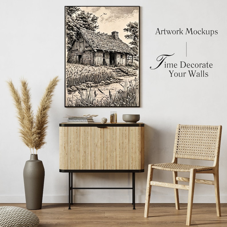 Rustic Country Landscape Drawing Vintage Sketch, Pen & Ink Decor ...