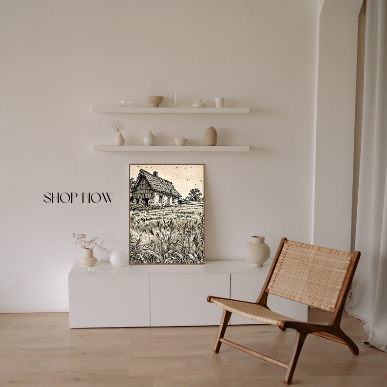 Rustic Country Landscape Drawing Vintage Sketch, Pen & Ink Decor ...