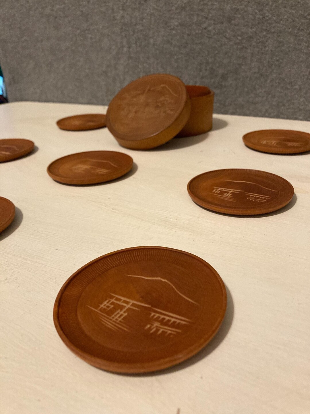 Japanese Carved Teak Eight Coaster Set and Box - Etsy
