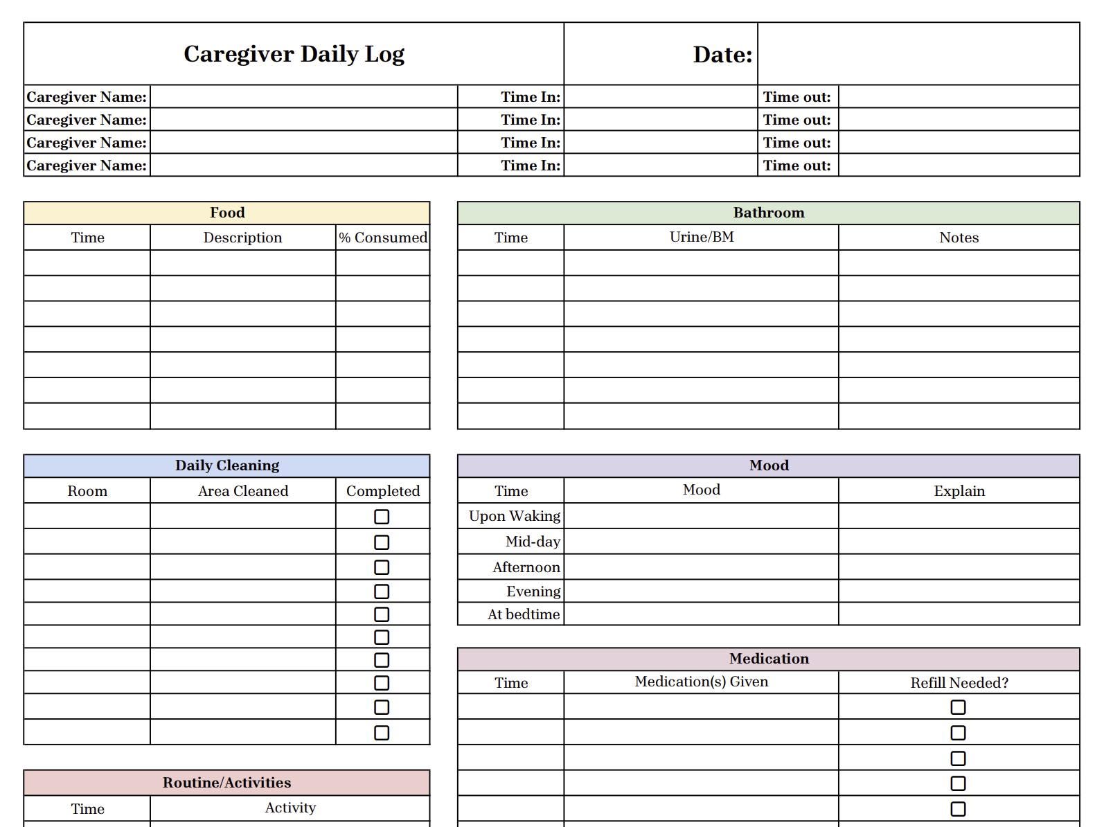 Caregiver Daily Log (PDF Letter, PDF A4, Excel) - Etsy