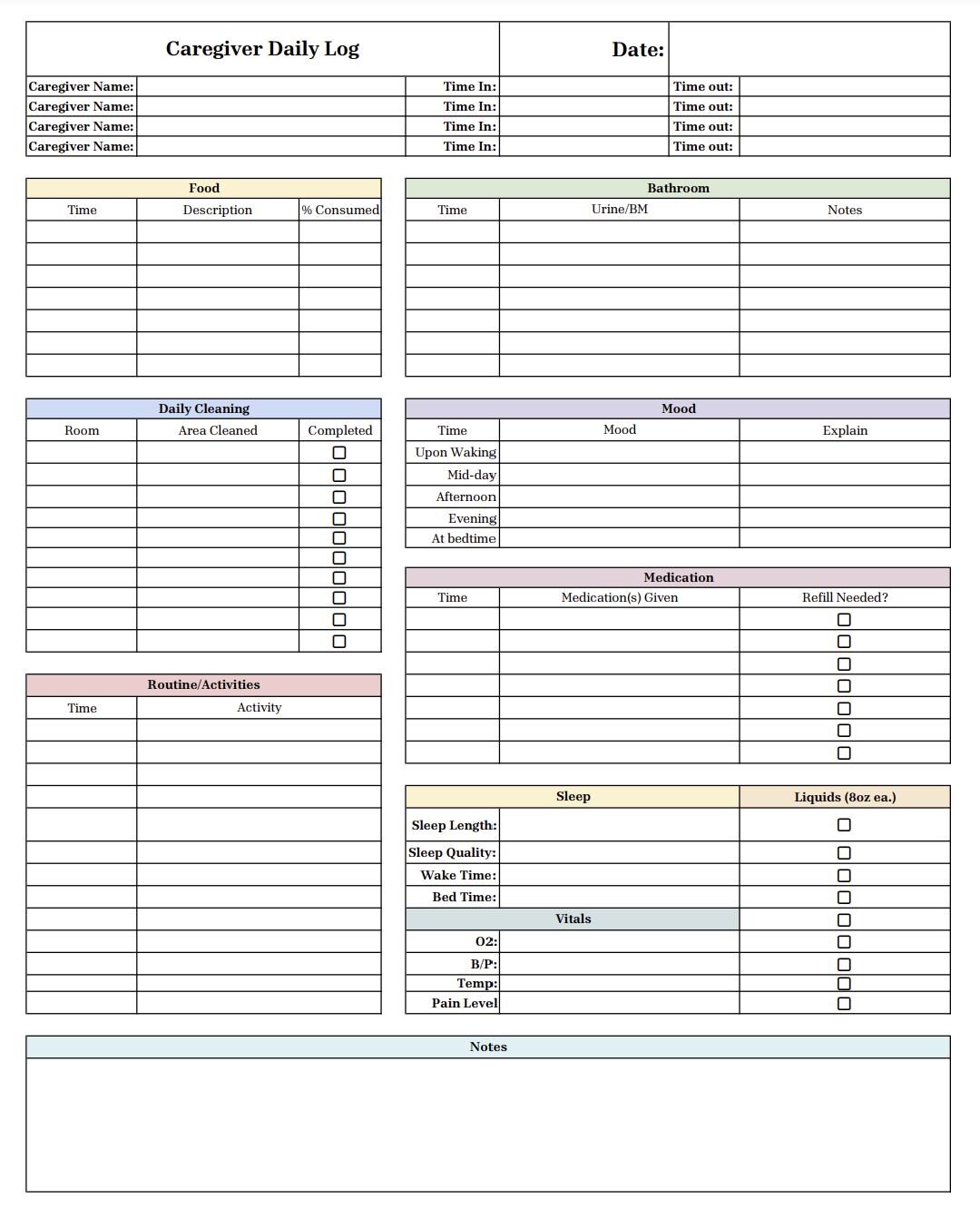 Caregiver Daily Log (PDF Letter, PDF A4, Excel) - Etsy