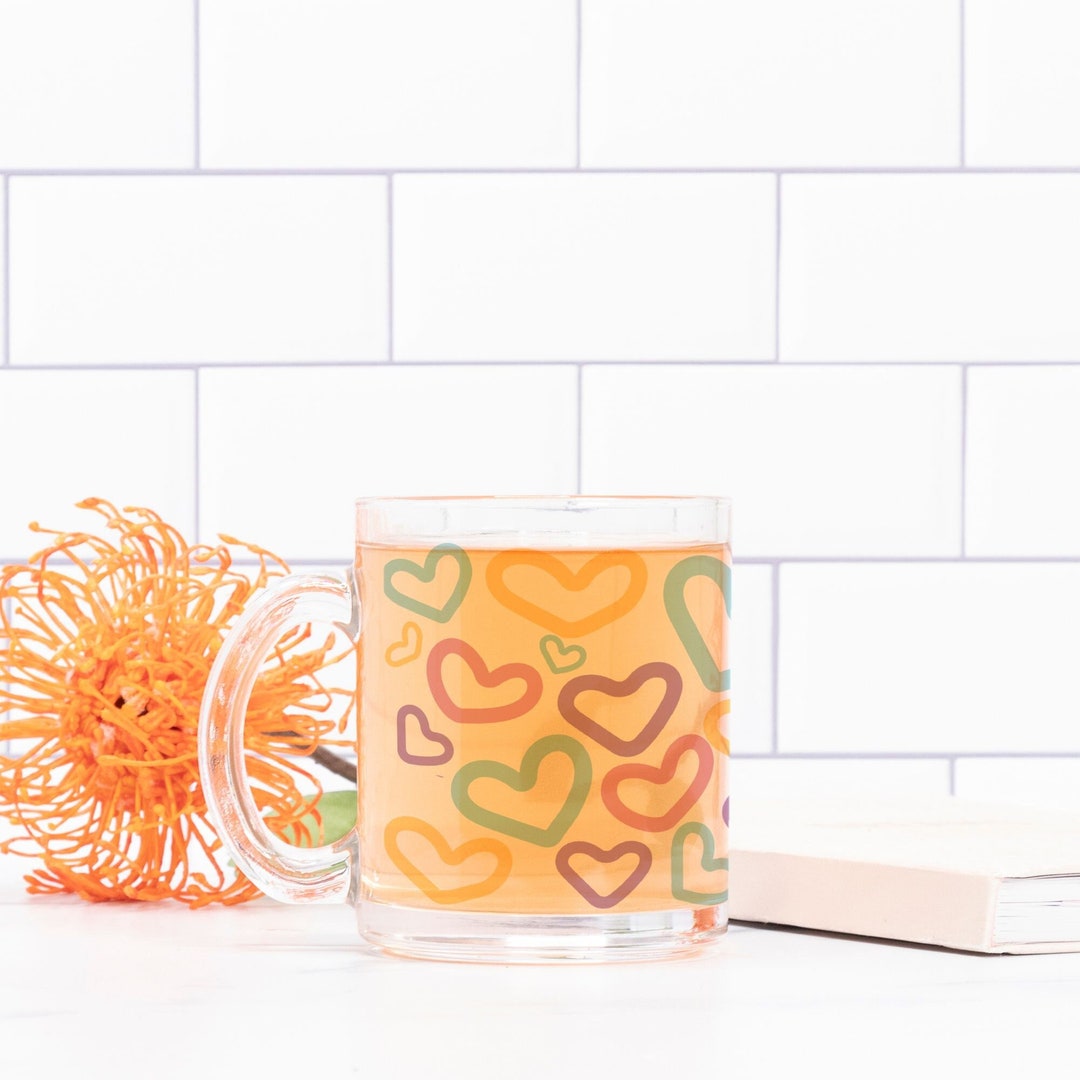 Pastel Heart Print Glass Cup for Ice Coffee Mug With Handle Pastel ...