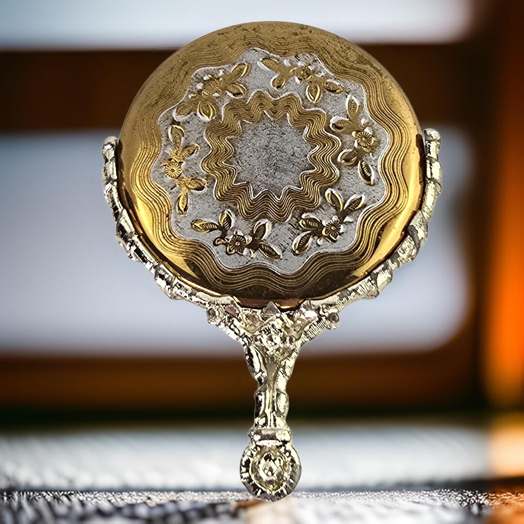 Vintage Small Hand Mirror for Purse Mirror Etched Gold and Silver ...
