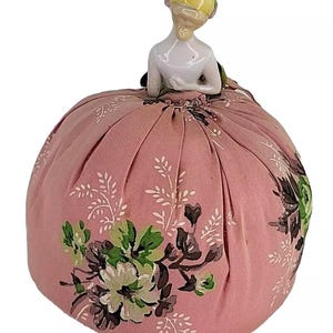 Antique Porcelain Half Doll Pin Cushion Pink Floral Dress Doll Unique ...