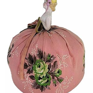Antique Porcelain Half Doll Pin Cushion Pink Floral Dress Doll Unique ...