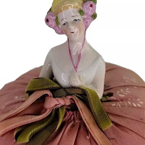 Antique Porcelain Half Doll Pin Cushion Pink Floral Dress Doll Unique ...