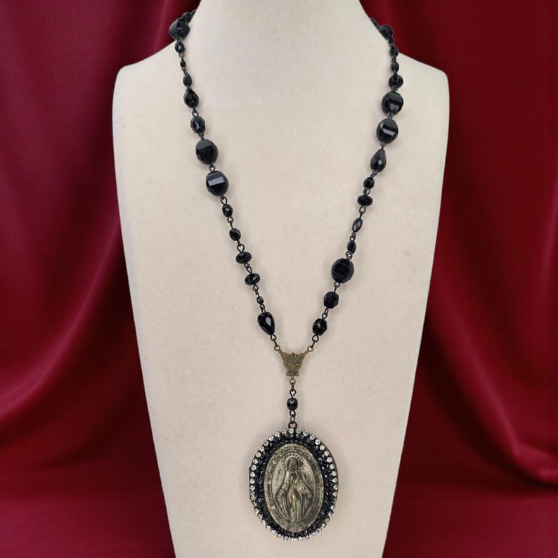 Antique Miraculous Medal Mother Mary Locket Black Glass Rhinestone ...