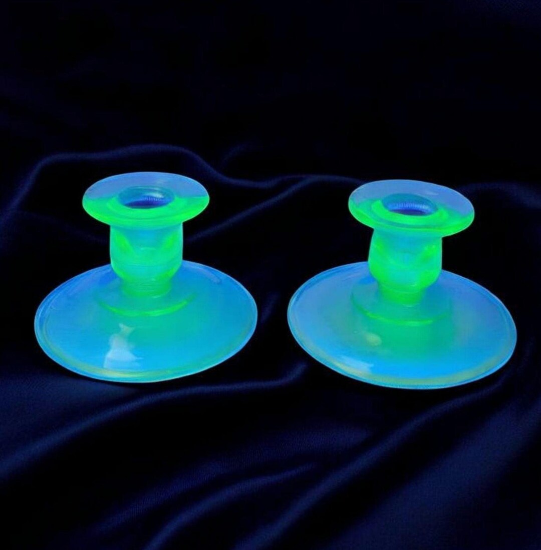 Vintage Set of 2 Uranium Glass Candle Holders Pair Vintage Depression ...