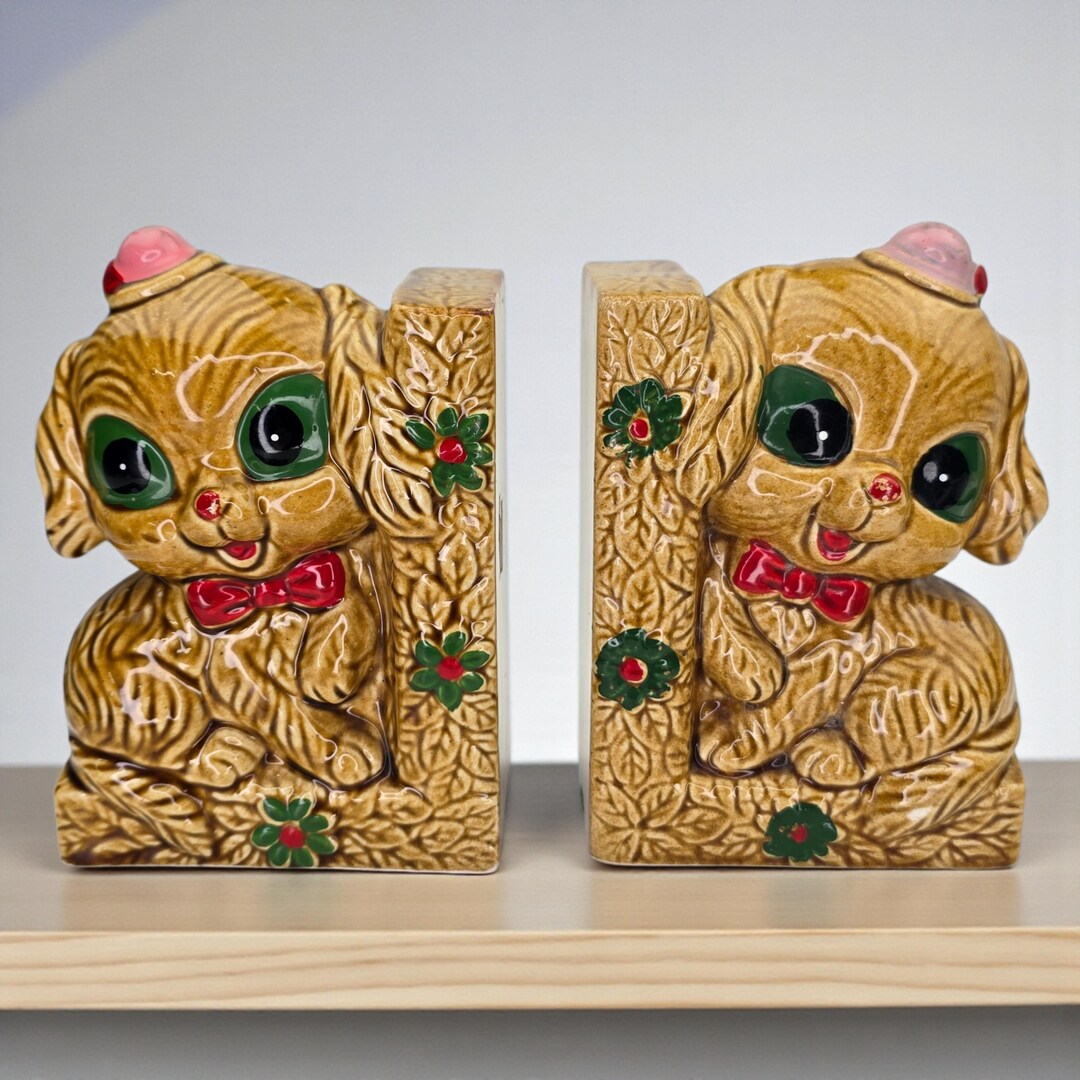 Vintage Big Eyed Puppy Dog Bookends Rare 1960s Kitschy Keane Style ...