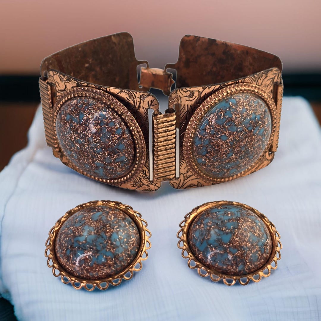 Vintage Copper Jewelry Set Chunky Bracelet and Earrings Set Boho Blue ...