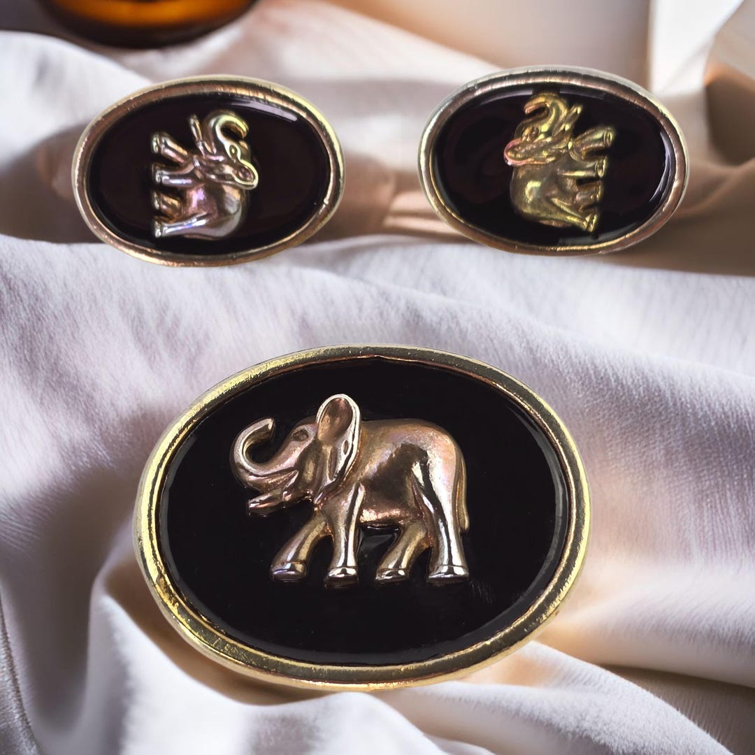 Vintage Elephant Trunk up Good Luck Gift Set Gold Tone Elephant Jewelry ...