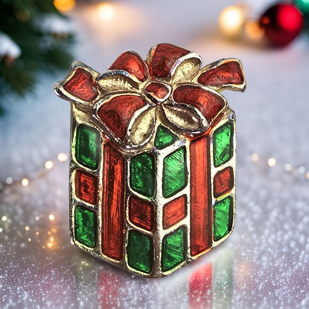 Vintage Christmas Brooch Enameled Christmas Present Brooch Vintage ...